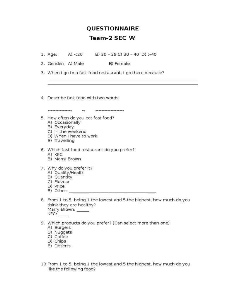 Fast Food Questionnaire Results | PDF