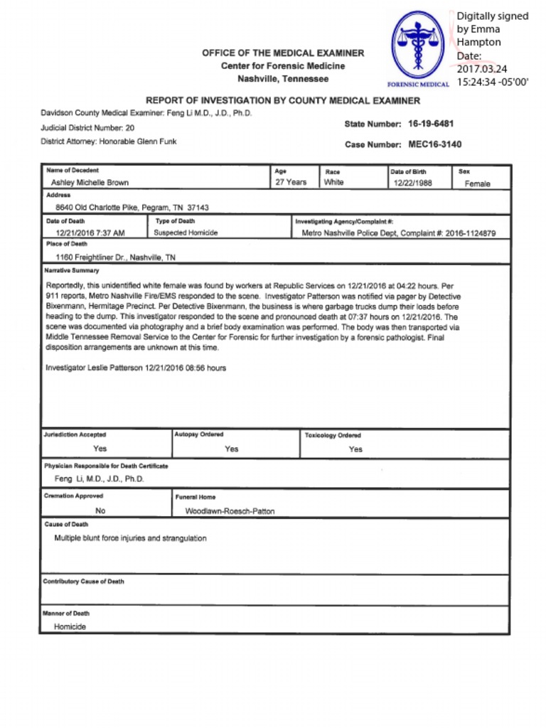 Ashley Brown Autopsy Report | PDF
