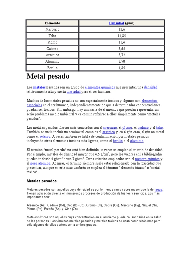 Metales Pesados: Toxicidad y Densidad | PDF | Elementos químicos | Rieles