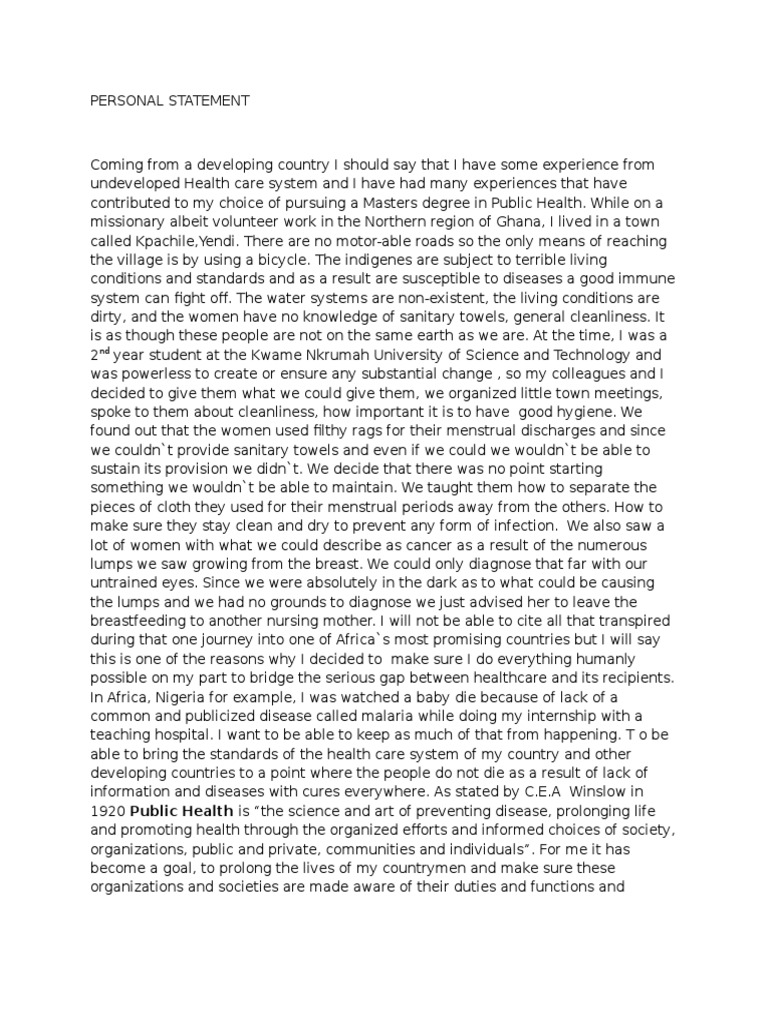 Graduate Personal Statement For Admission For MPH Degree | PDF ...