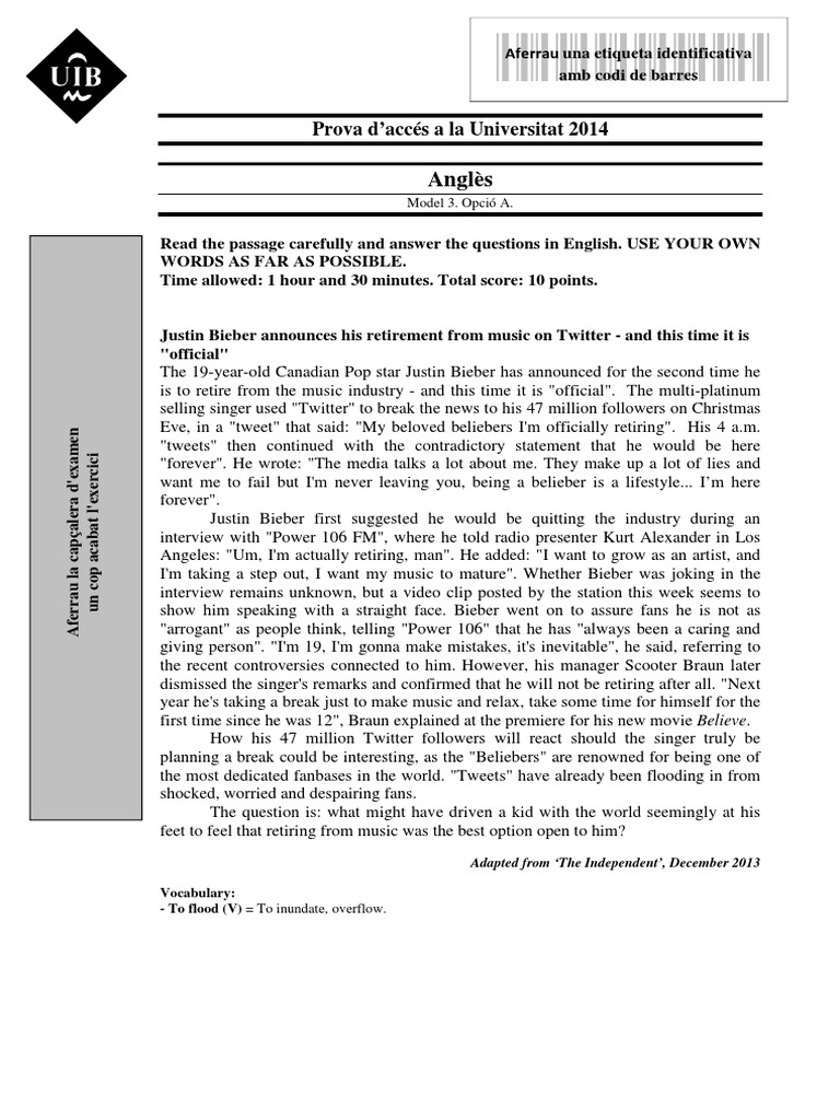 Anglès: Prova D'accés A La Universitat 2014 | PDF | Twitter | Ellipsis