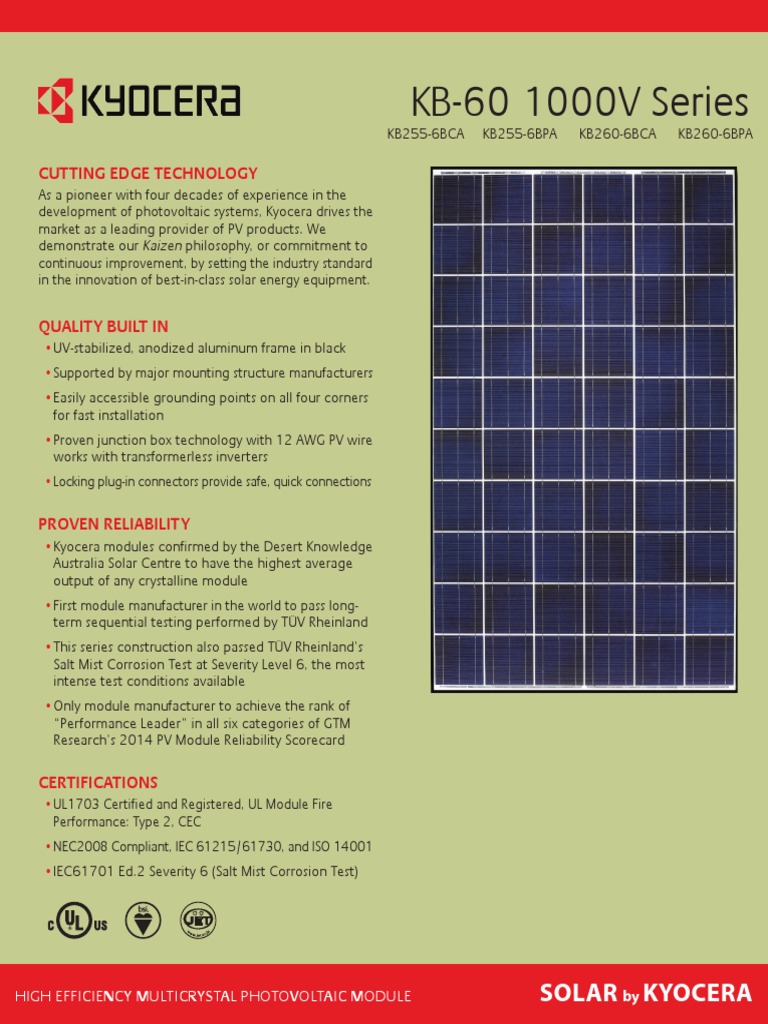 Kyocera Solar Panels Specifications | PDF | Photovoltaics | Solar Panel