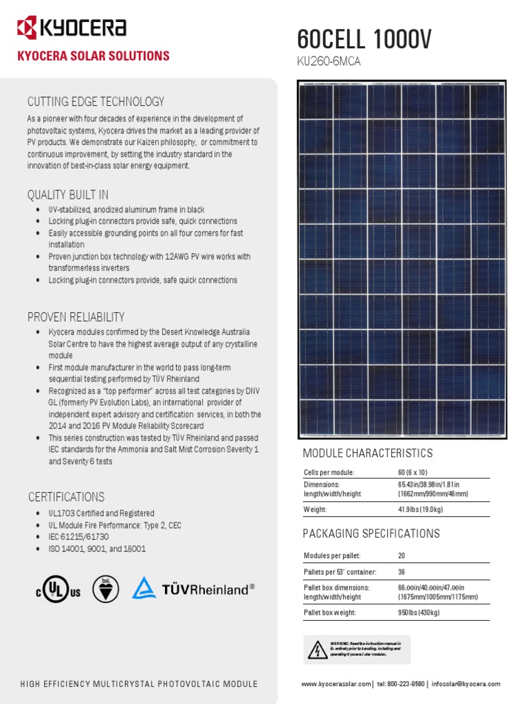 Kyocera KU260-6MCA Datasheet | PDF | Photovoltaics | Photovoltaic System