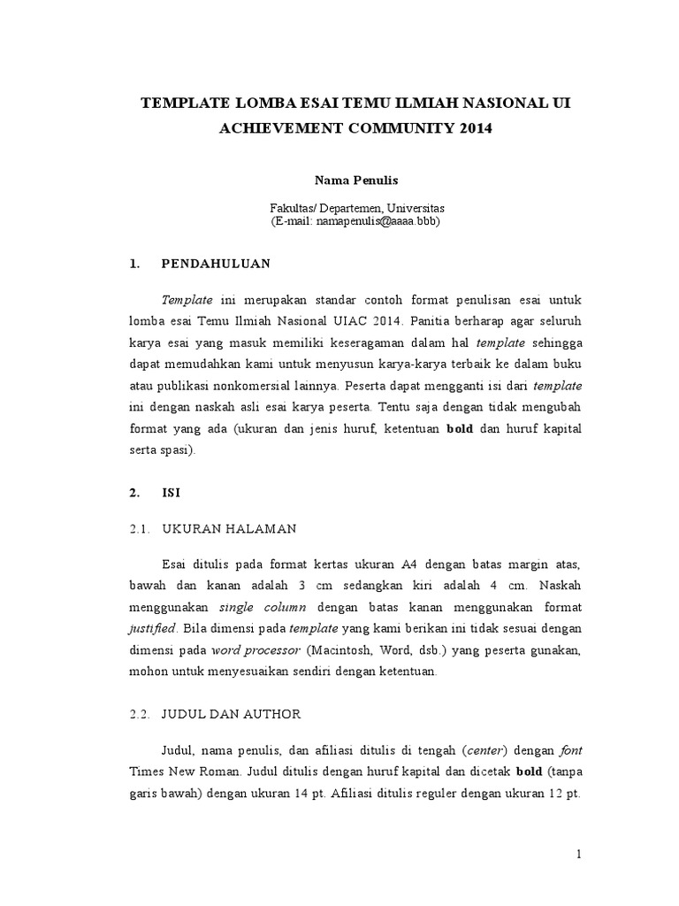 Template Lomba Esai TemIlNas UIAC 2014 | PDF | Seni & Disiplin Bahasa