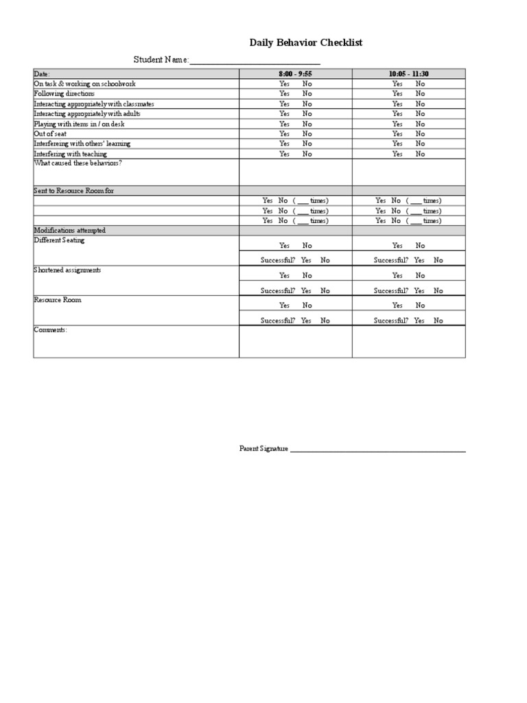 Daily Behavior Checklist: Student Name | PDF