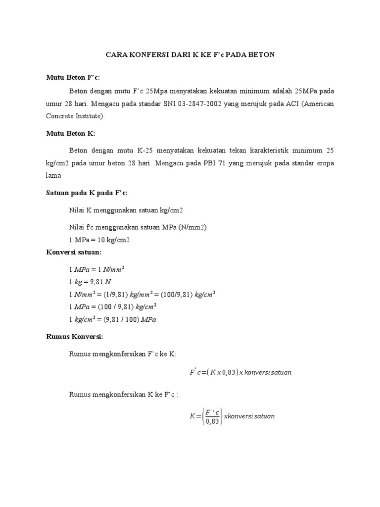Konversi Mutu Beton K ke F’c | PDF