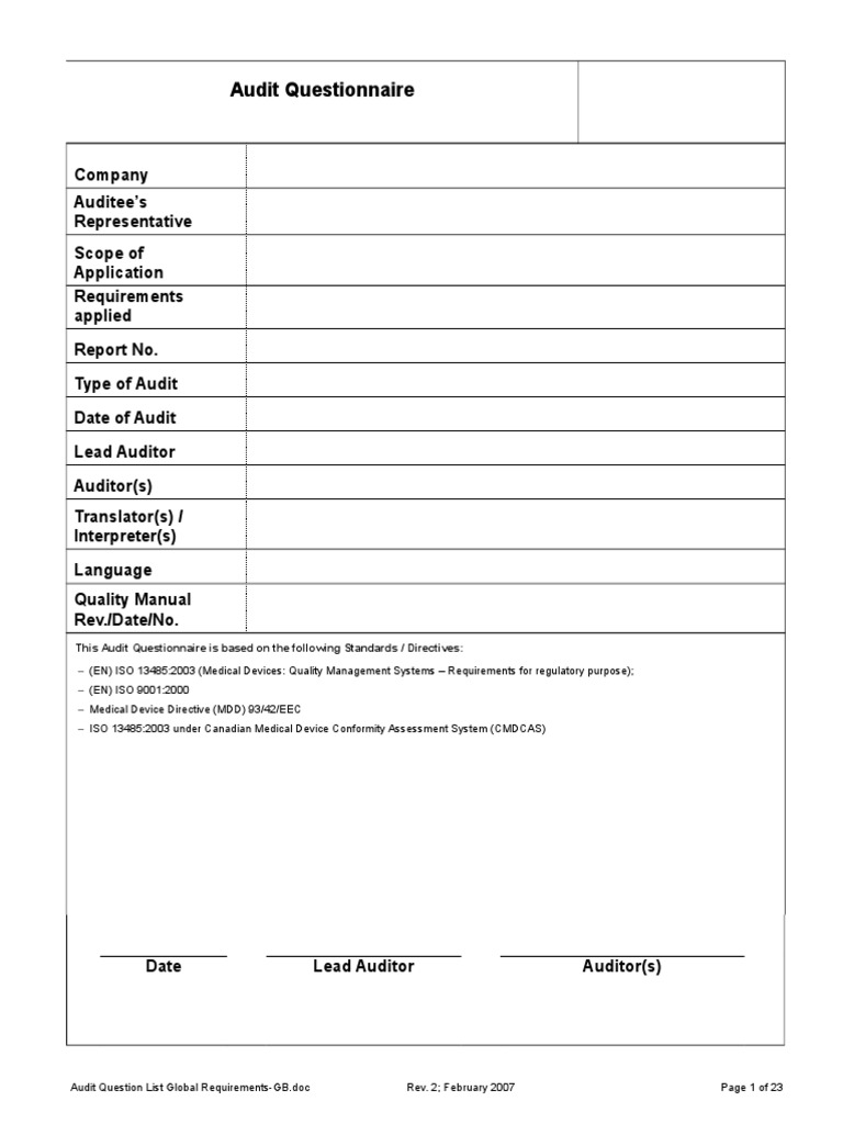 Audit Question List Global Requirements - Medical | PDF | Iso 9000 ...