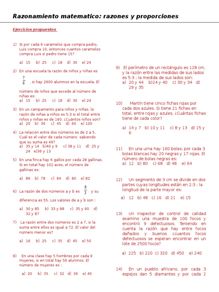 Razonamiento matemático: razones y proporciones | PDF