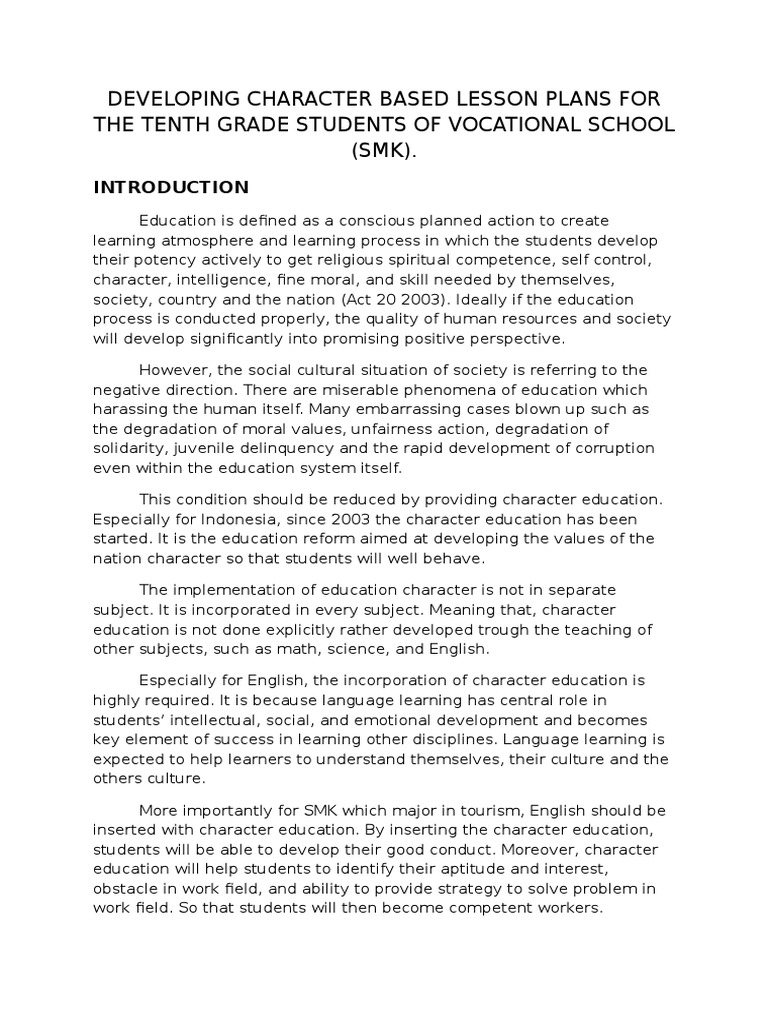 Character-Based Lesson Plans for SMK | PDF | Curriculum | Lesson Plan