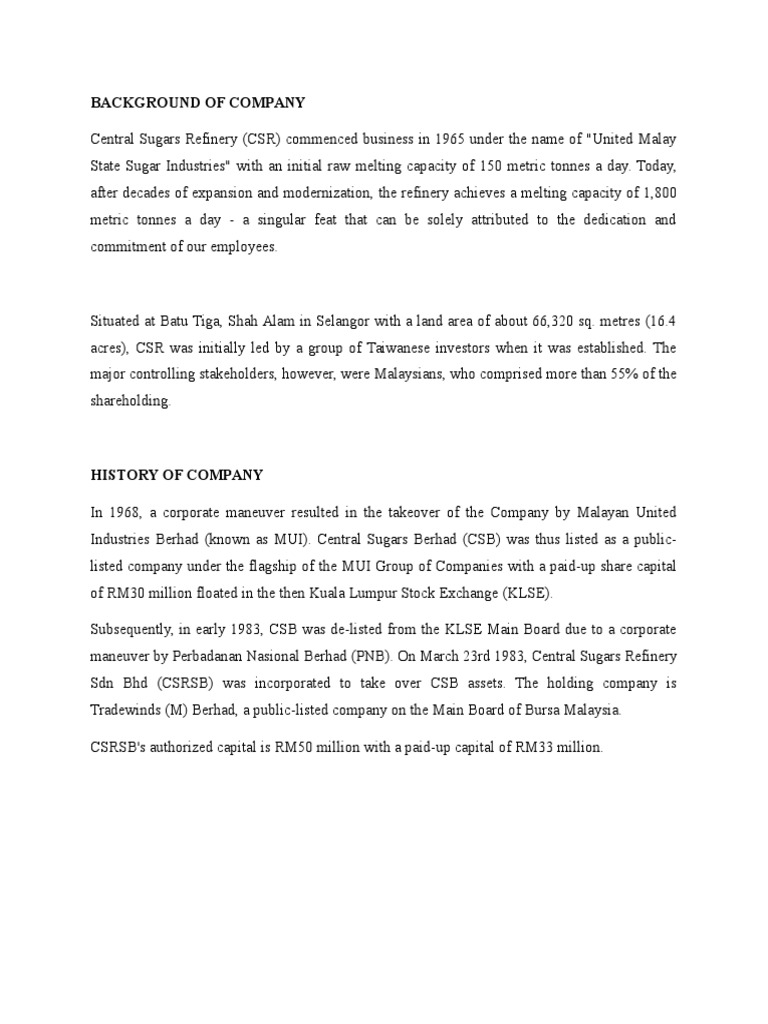 Central Sugars Refinery Company Overview | PDF | Malaysia | Corporate Law