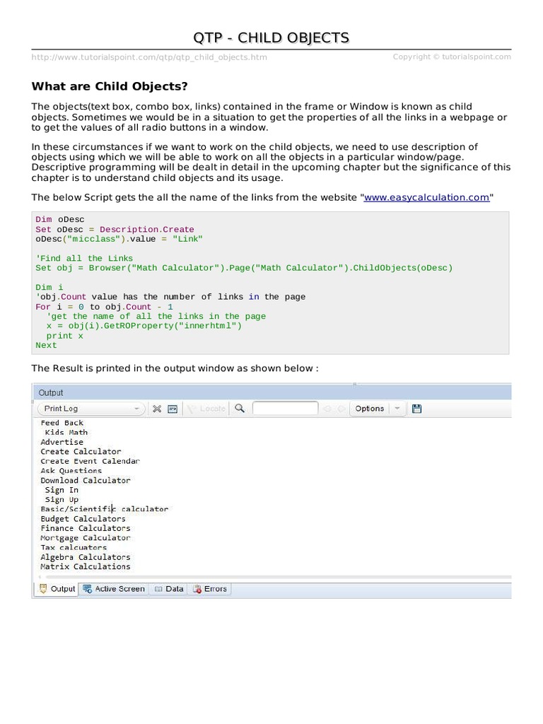 Qtp Child Objects Pdf Web Page Computing