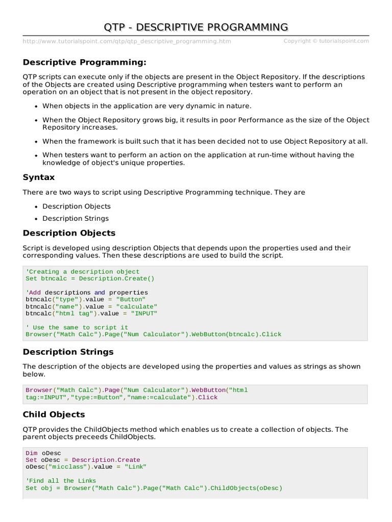 Qtp Descriptive Programming Pdf Scripting Language Html Element 5710