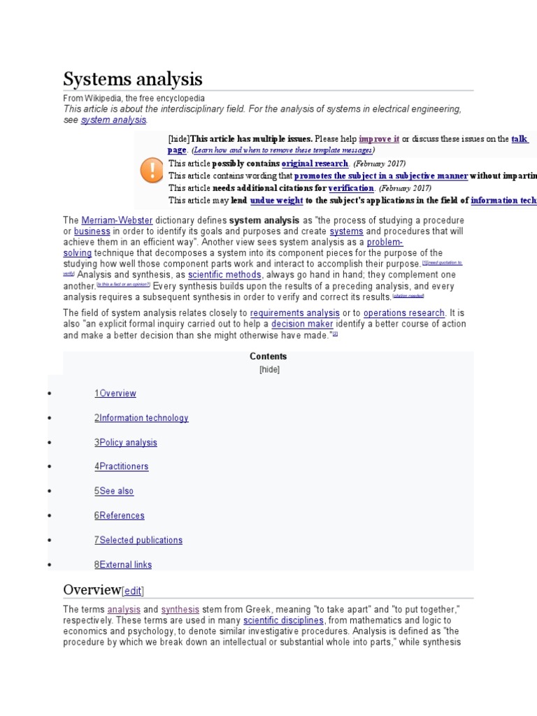 Systems Analysis | System | Systems Analysis