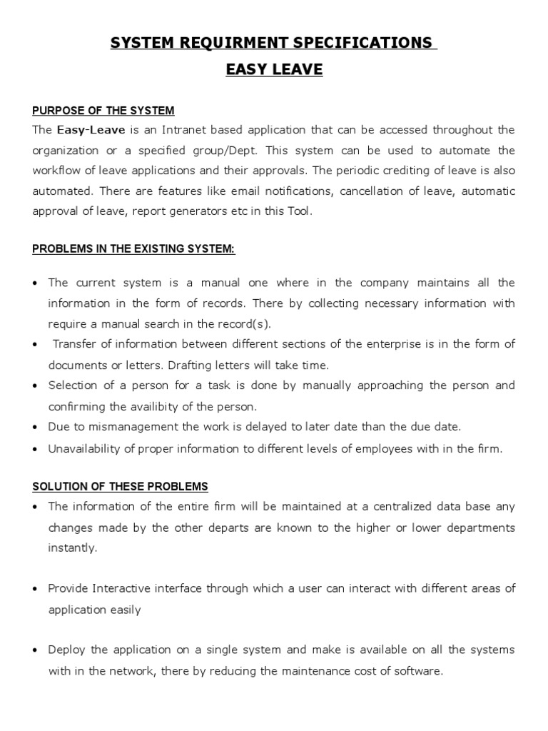 EasyLeave SRS | PDF | Input/Output | Feasibility Study
