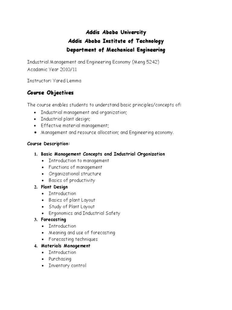 Industrial Management Course Outline | Industrial Engineering ...