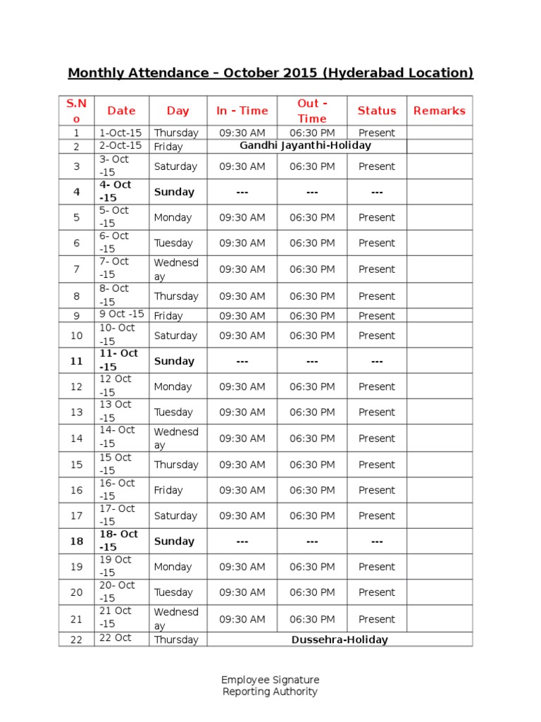 Attendance Sheet For October | PDF