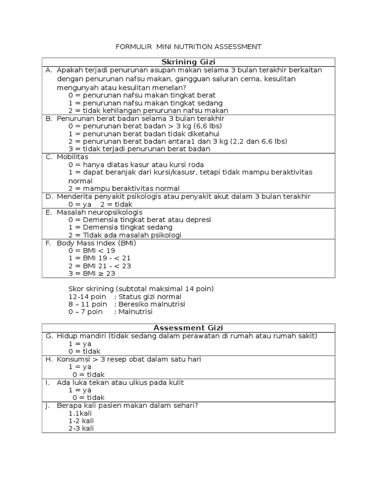 Formulir Mini Nutrition Assessment (Utk Lansia) | PDF