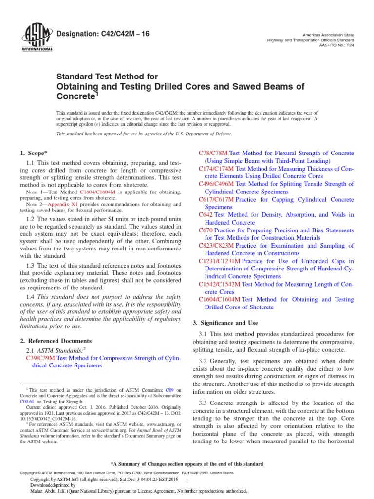 ASTM C42M-16 Standard Test Method For Obtaining and Testing Drilled ...