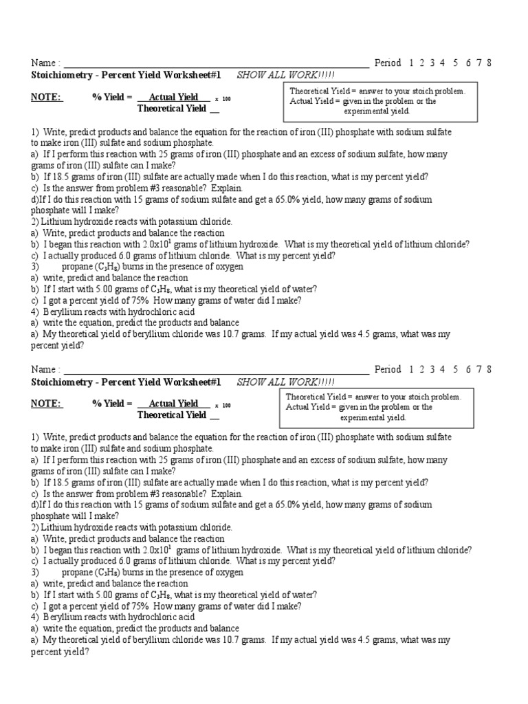 Percent Yield Worksheet 1 | PDF | Stoichiometry | Chemical Reactions