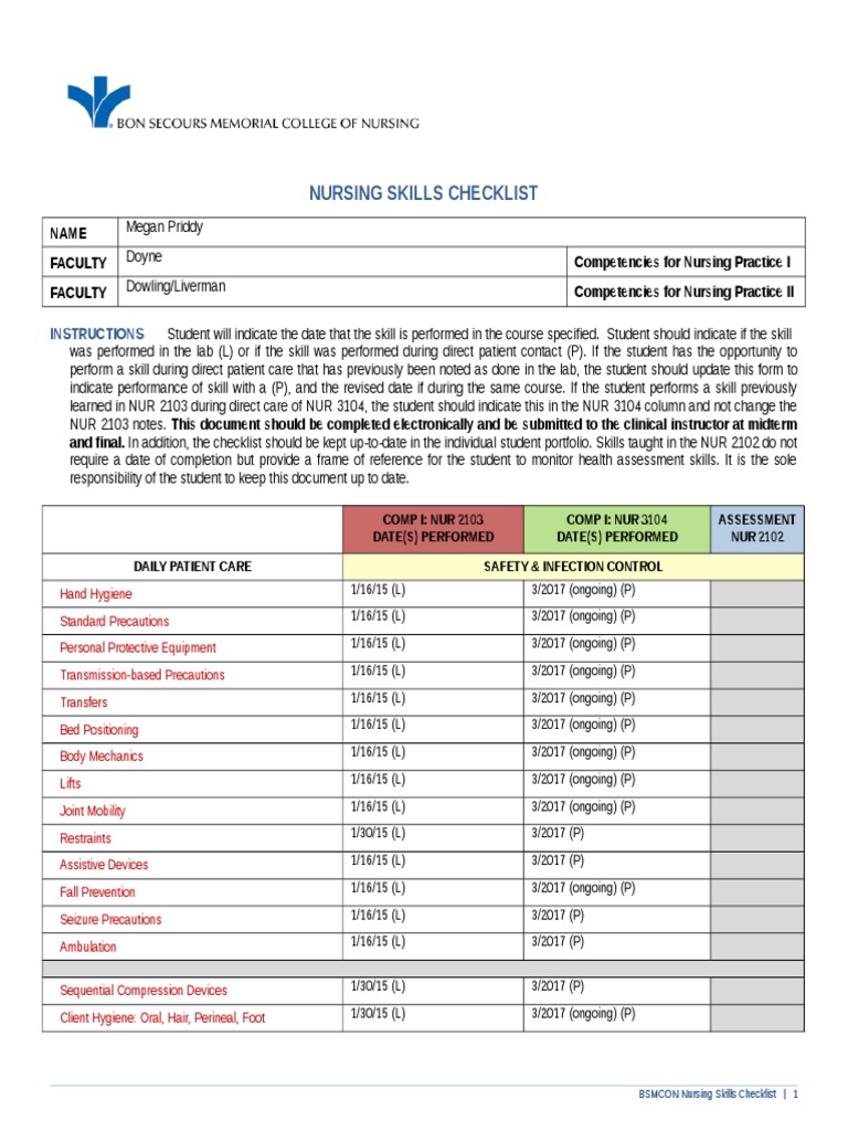 Nursing Skills Checklist for Competencies | PDF | Intravenous Therapy ...