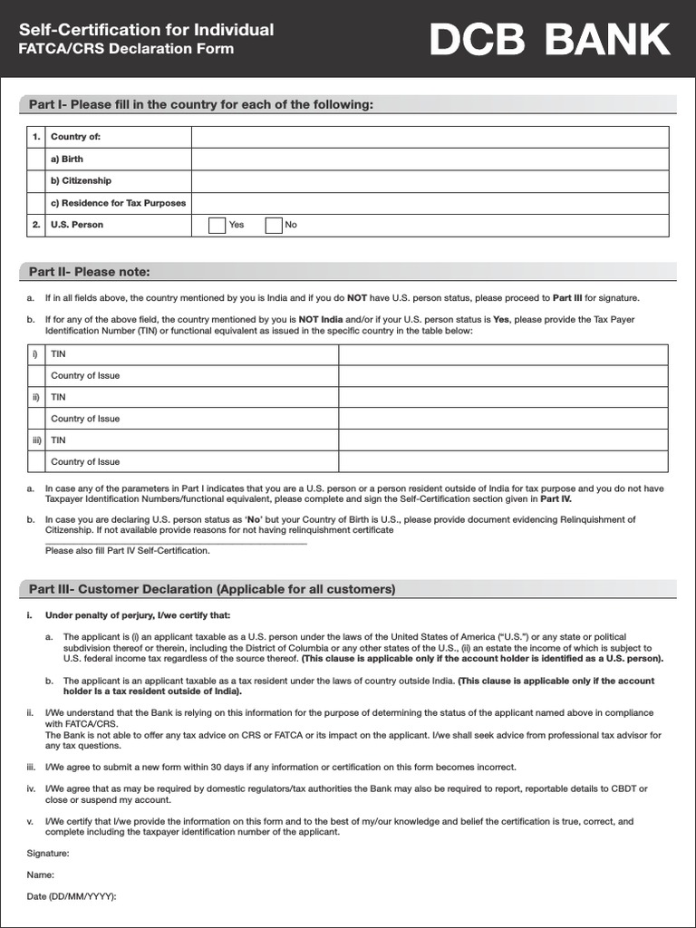 Self-Certification For Individual: FATCA/CRS Declaration Form | PDF ...