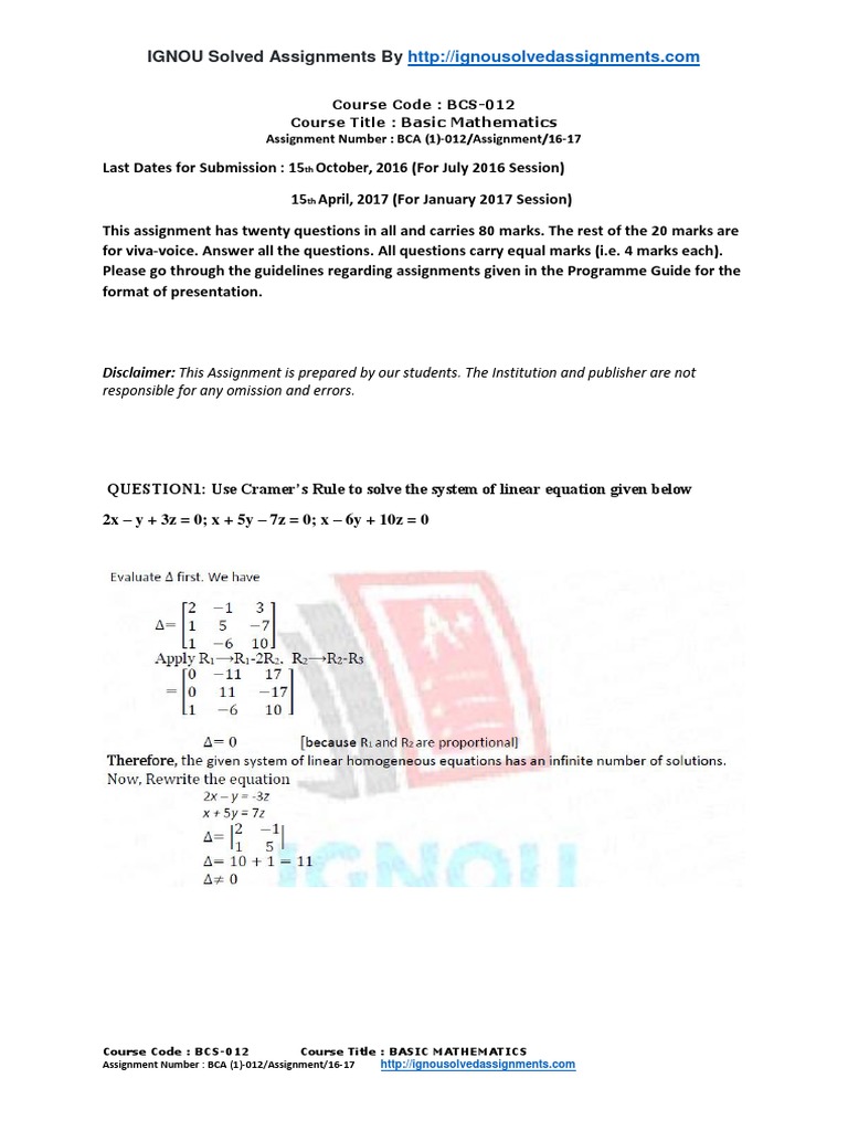 BCS-012 Basic Mathematics Solved Assignments 2016-17 | PDF | Algebra | Analysis