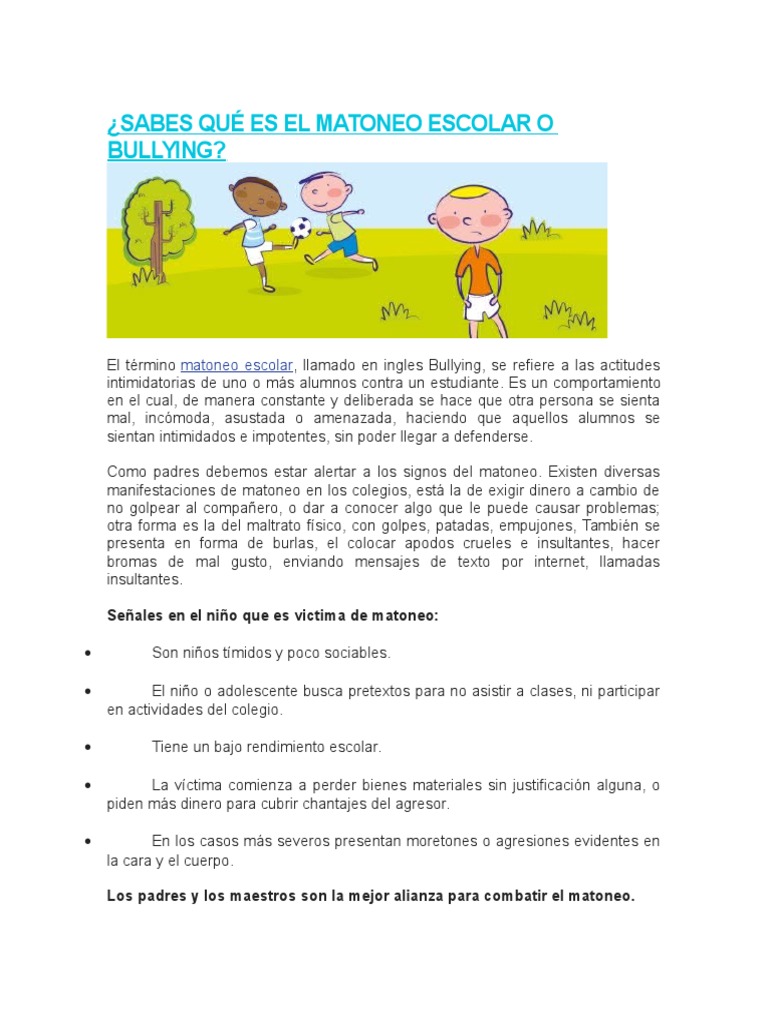 Sabes Qué Es El Matoneo Escolar o Bullying | PDF | Sicología | Violencia