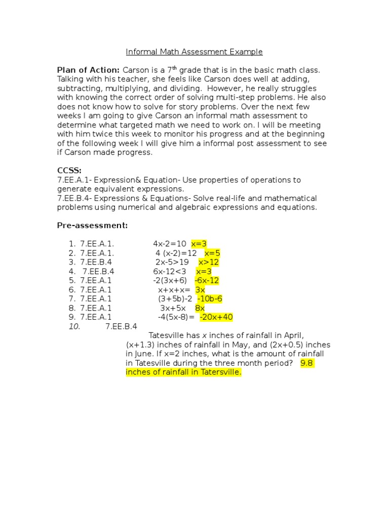 Informal Math Assessment Example | PDF | Teaching Mathematics | Equations