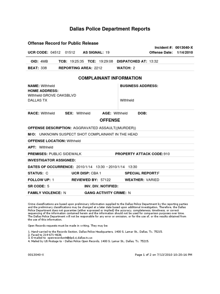 Dallas Police Report: Murder of Jerson Archaga | PDF | Misconduct ...