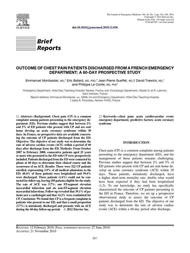 Brief Reports: Outcome of Chest Pain Patients Discharged From A French ...