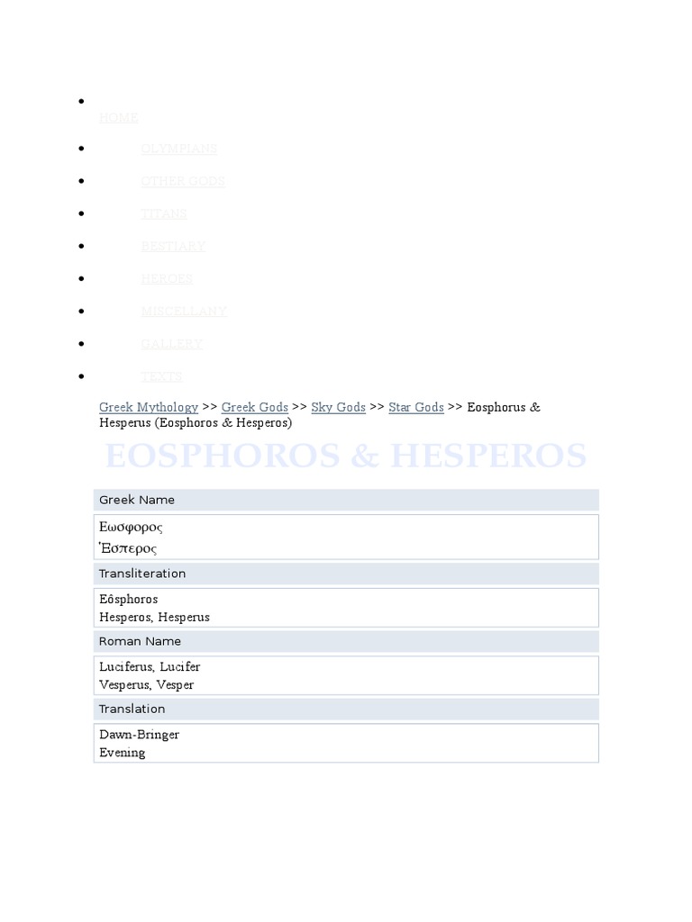 Eosphorus | PDF | Lucifer | Greek Mythology