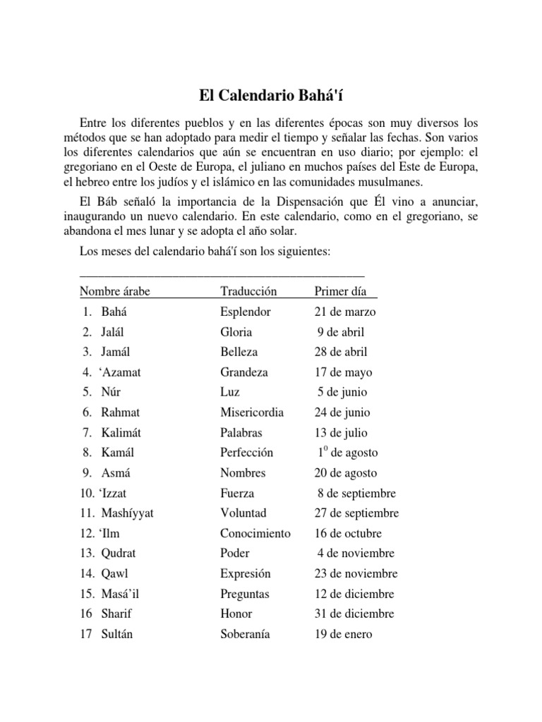 Calendario Bahá'í | PDF | Calendario | Religión y creencia