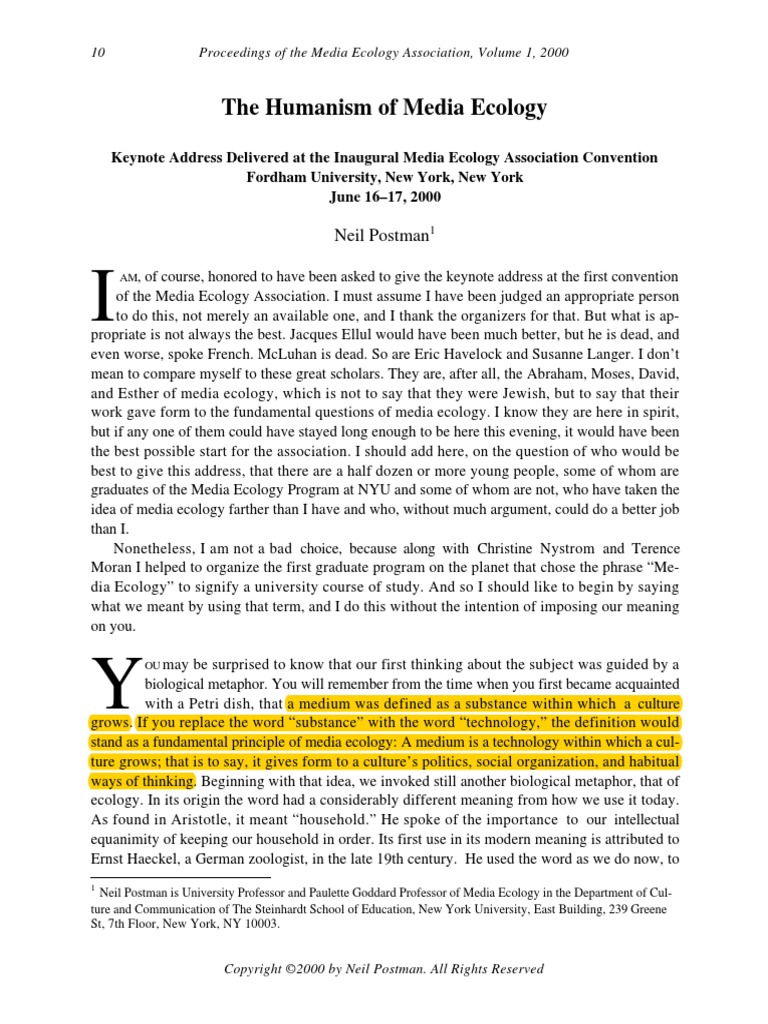 POSTMAN, Neil - The Humanism of Media Ecology | PDF | Democracy ...