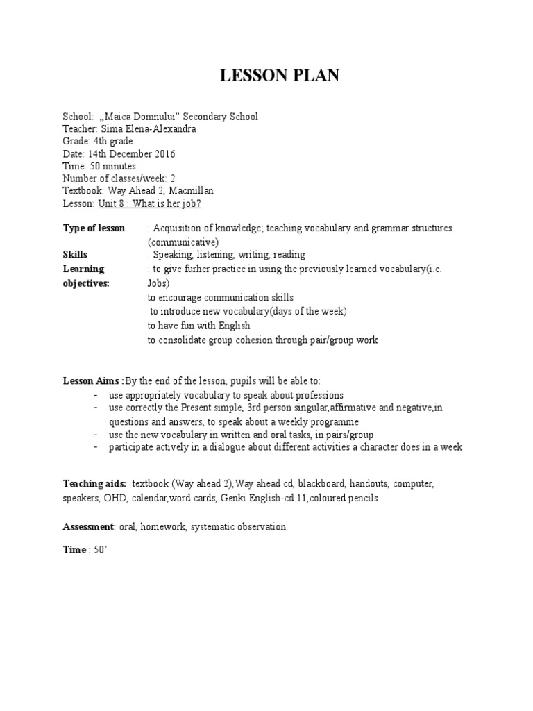 Lesson Plan What Is Her Job 4th | PDF | Lesson Plan | Vocabulary