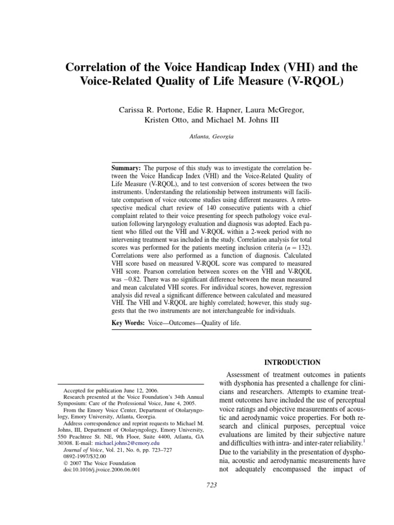 Correlation of The Voice Handicap Index (VHI) and The Voice-Related ...