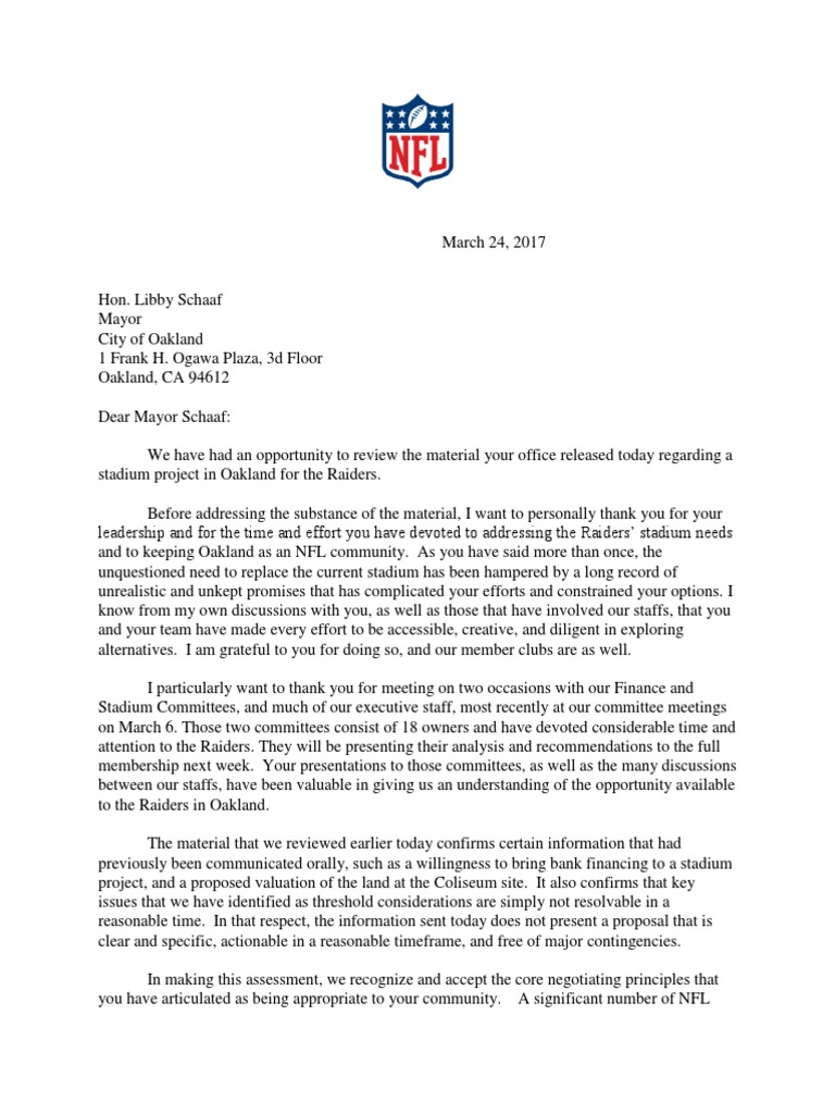 NFL's letter to Oakland Mayor Libby Schaaf | Oakland Raiders | Sports