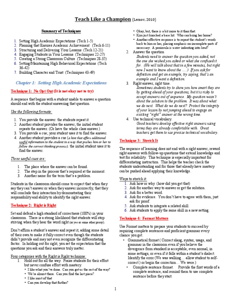 teach like a champion outline-notes 1 | Reinforcement | Classroom