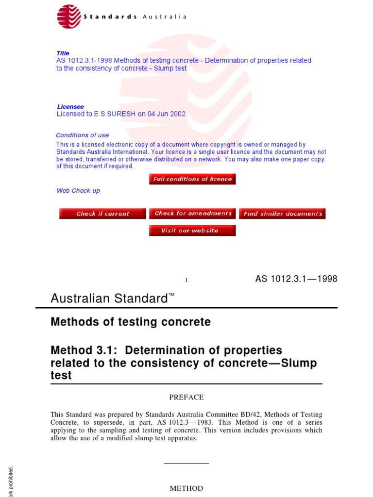 As 1012.3.1-1998 Methods of Testing Concrete - Consistency | PDF ...