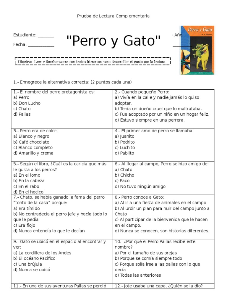 Prueba de Lectura Complementaria - Perro y Gato | PDF | Gatos | Perros