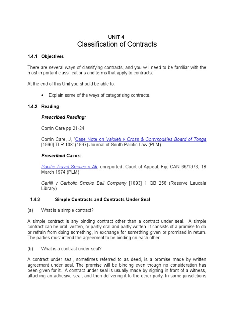 Unit 4 Classification of Contracts | PDF | Consideration | Misrepresentation