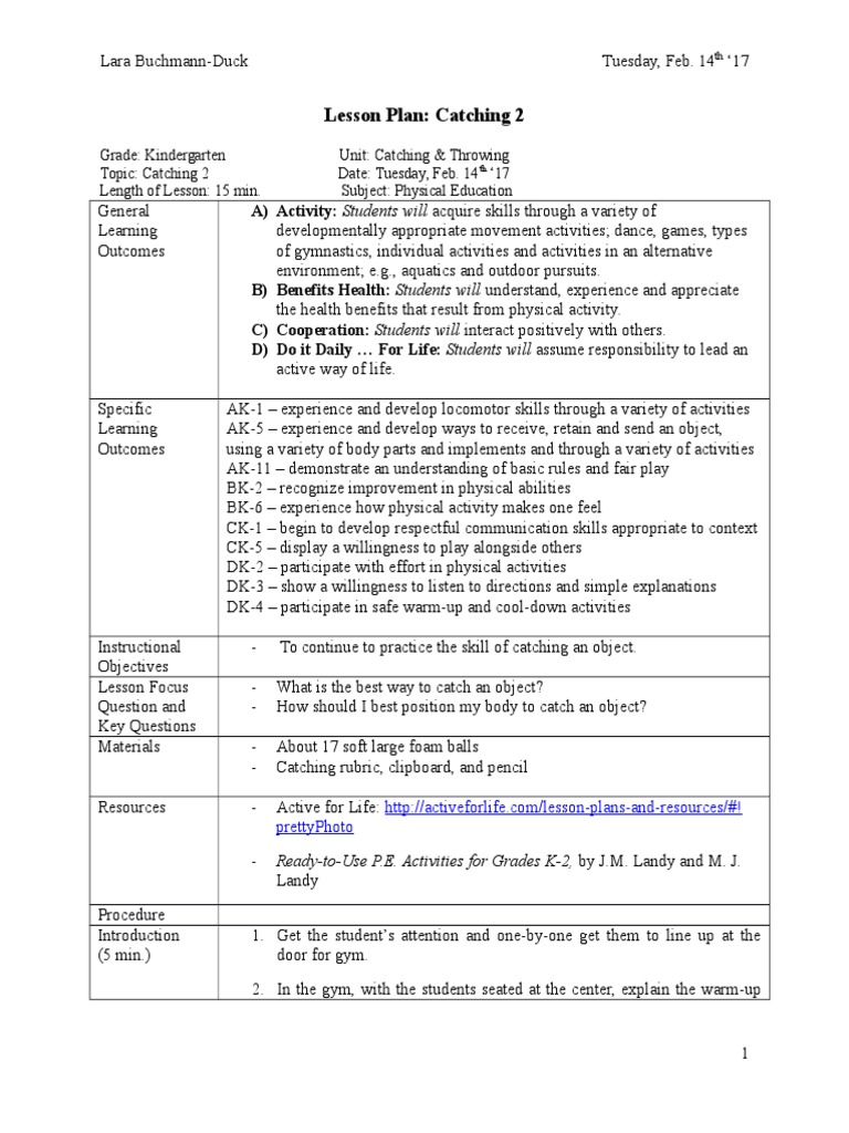 Lesson Plan: Catching 2: Prettyphoto | PDF | Physical Education ...