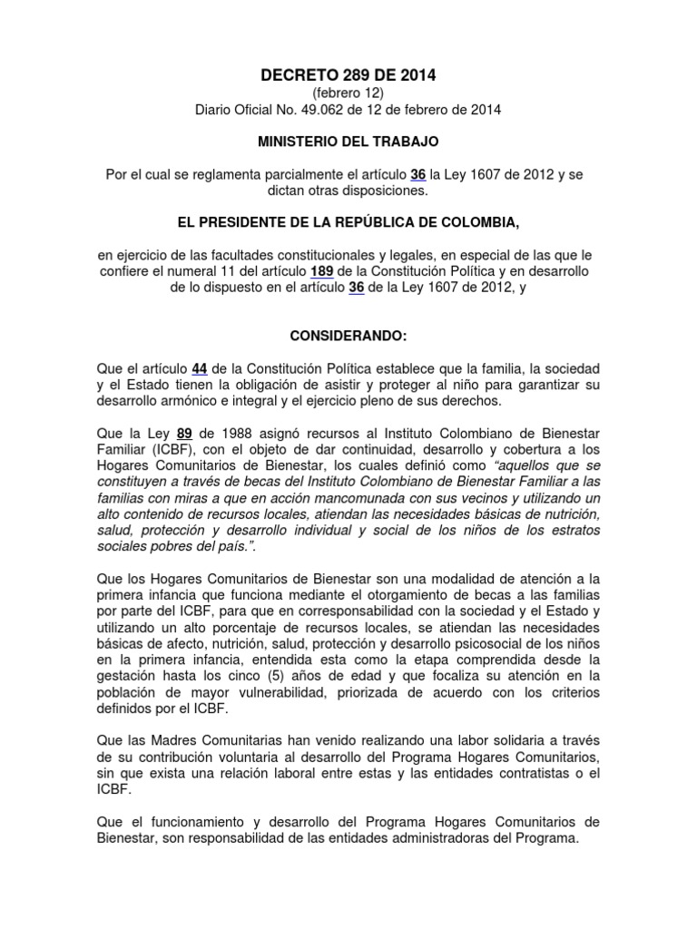 Decreto 289 de 2014 | PDF | Derecho laboral | Colombia