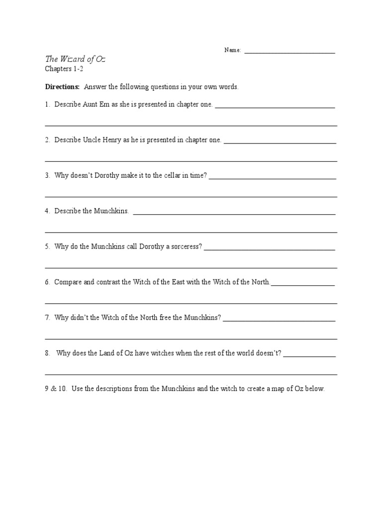 The Wizard of Oz: Directions: Answer The Following Questions in Your ...