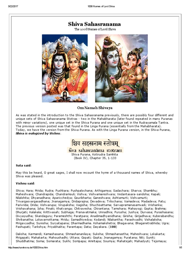 1008 Names of Lord Shiva | PDF | Religion & Spirituality