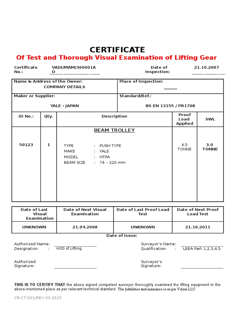 Cr-ct-001 # Beam Trolley Load Test | PDF