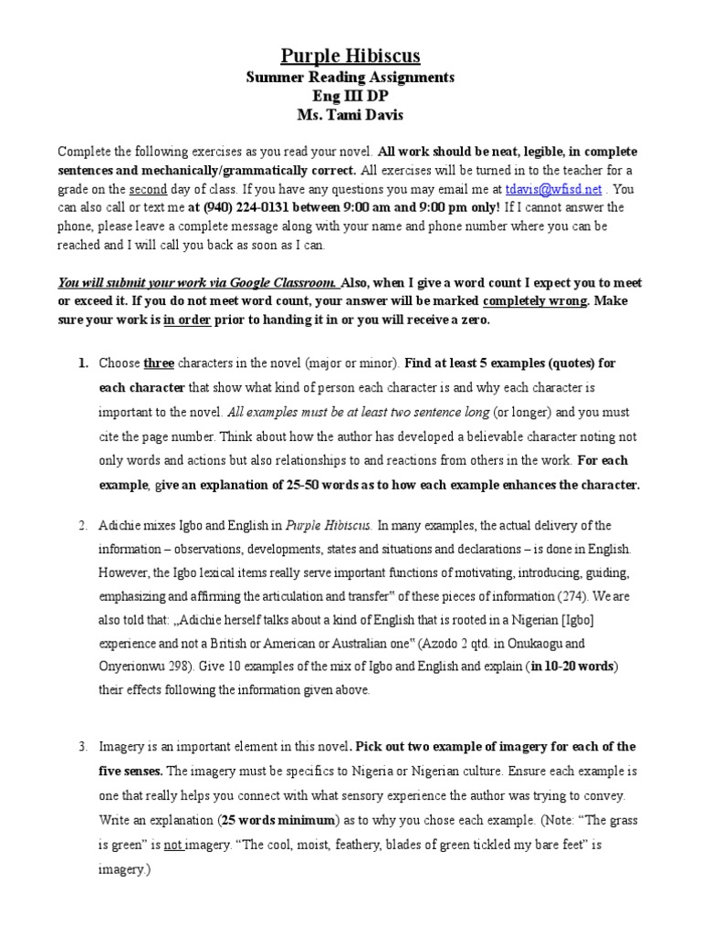 Purple Hibiscus Summer Reading Tasks | PDF | English Language | Cognition