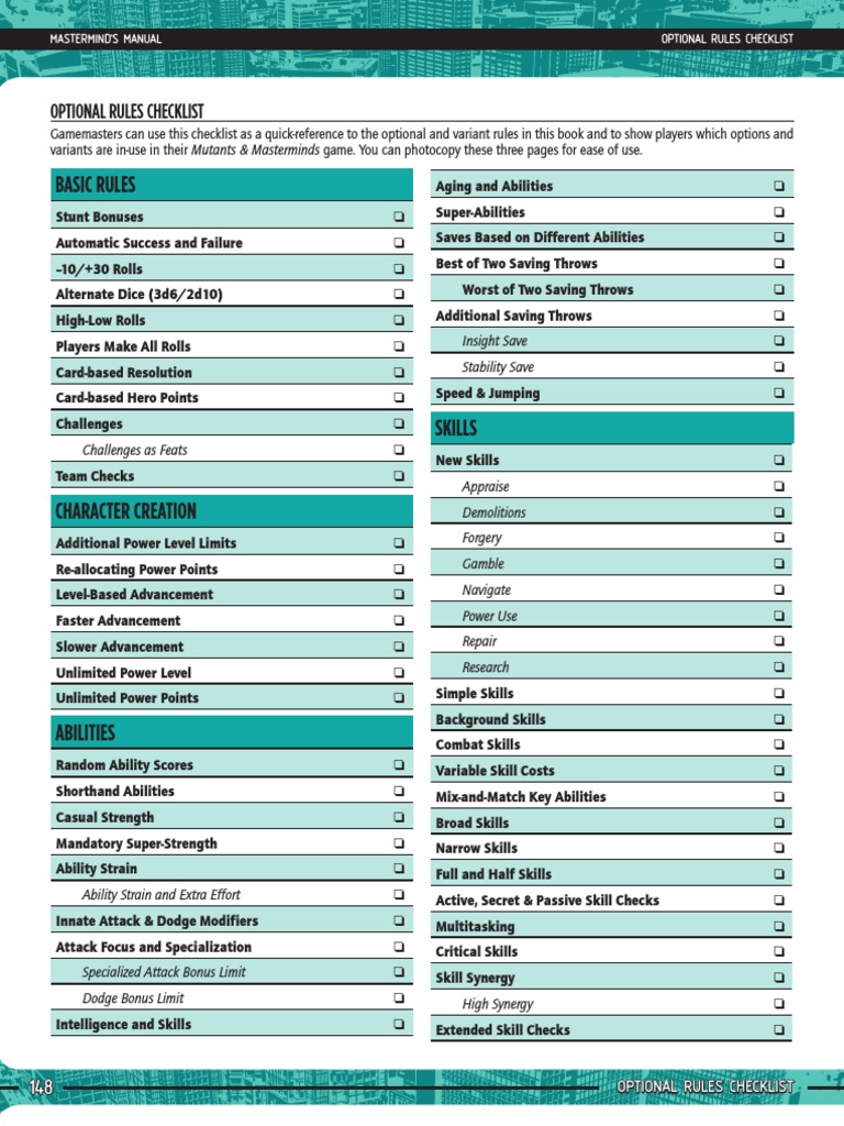 Mutants and Masterminds RPG Optional Rules Checklist | PDF | Leisure Activities | Role Playing