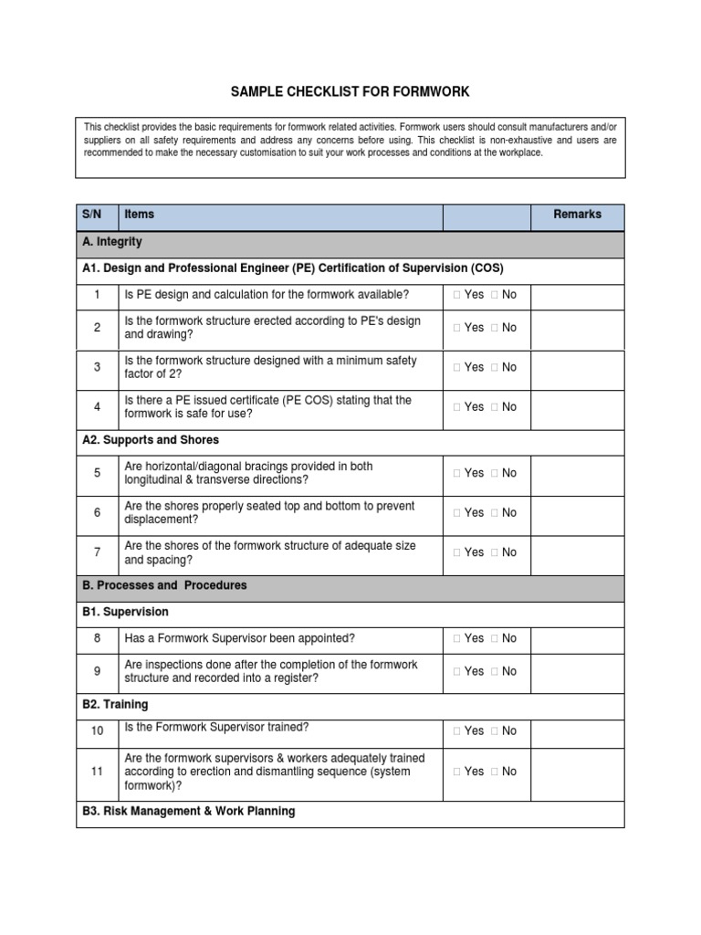 5 Formwork Checklist | PDF | Risk Management | Safety