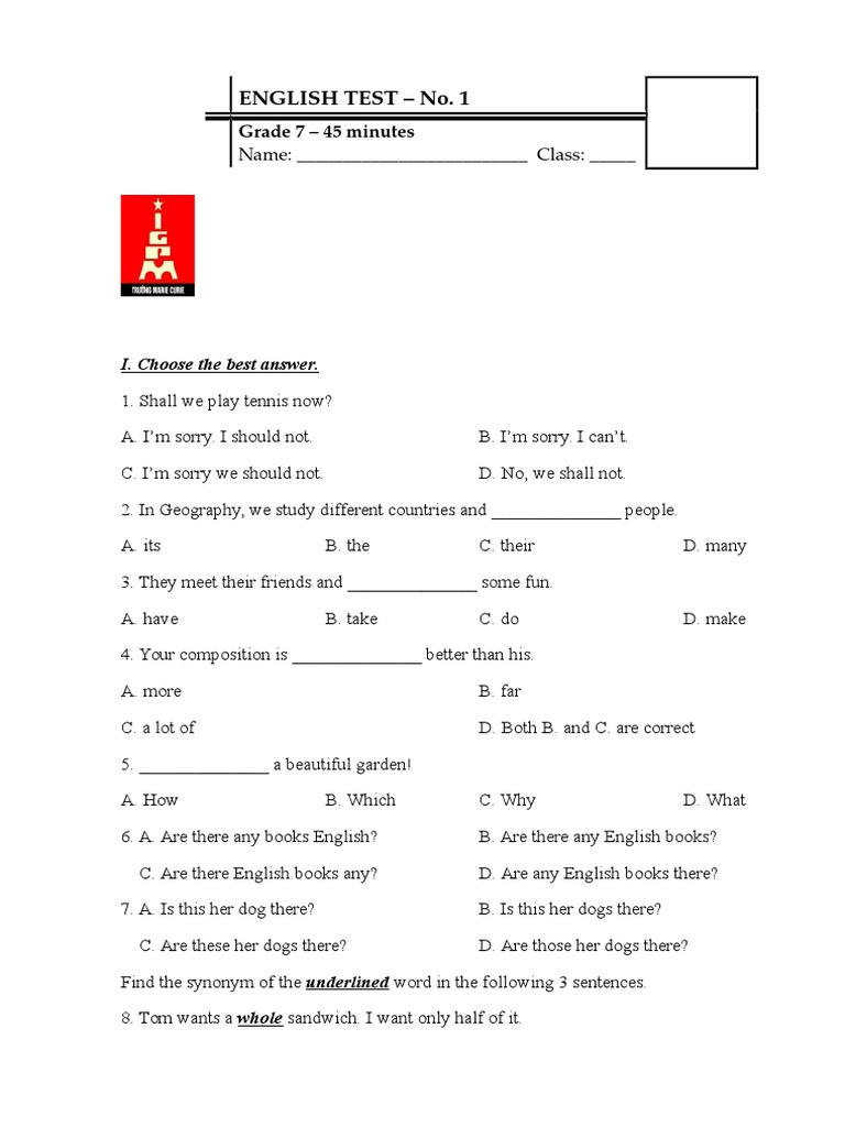 English Test - No. 1: Grade 7 - 45 Minutes | PDF