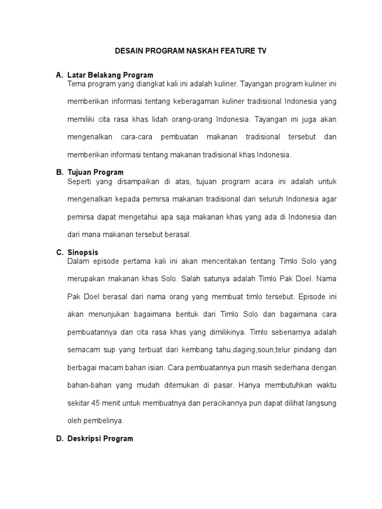 Desain Program Naskah Feature TV (Timlo Solo) | PDF